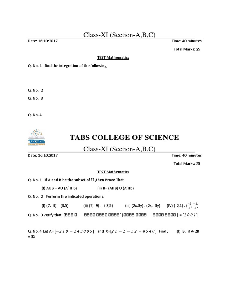Tabs College of Science: Class-XI (Section-A, B, C) | PDF