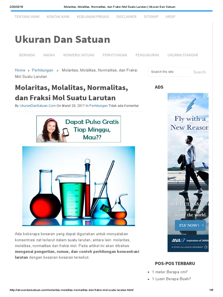 Molaritas, Molalitas, Normalitas, Dan Fraksi Mol Suatu Larutan - Ukuran ...