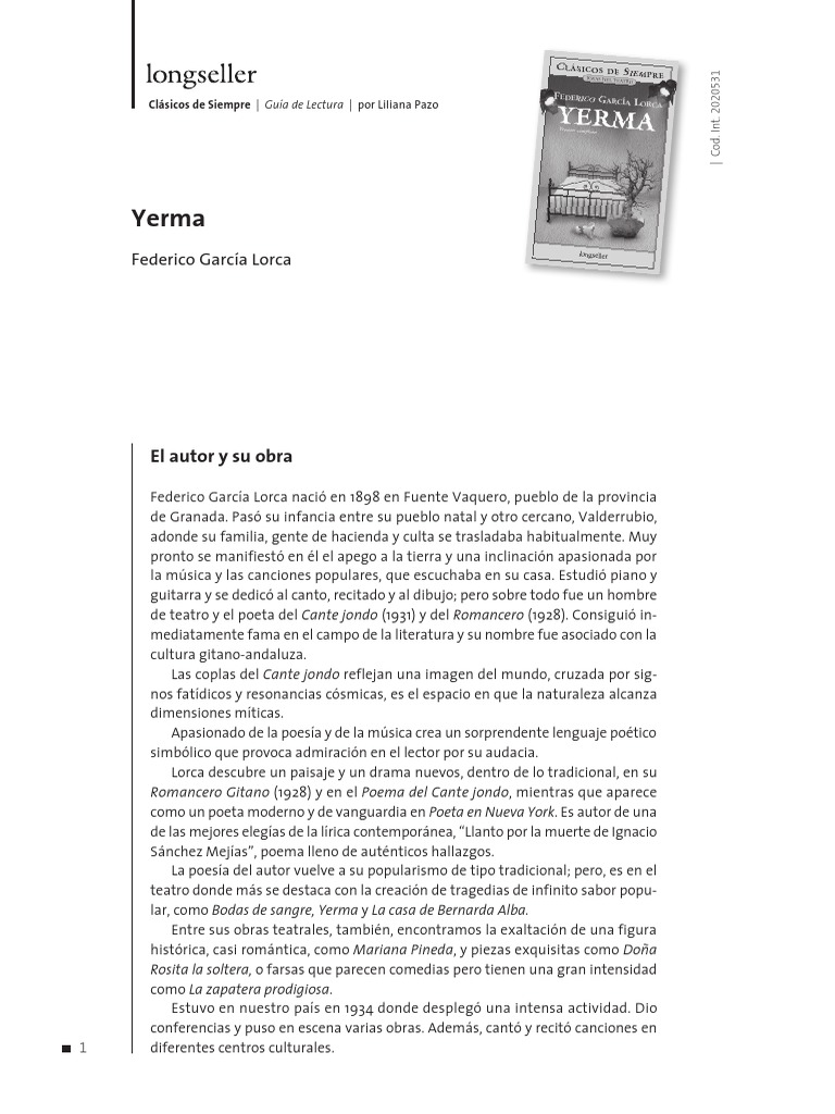 Yerma (Guía de Lectura) | PDF | Federico García Lorca | Poesía