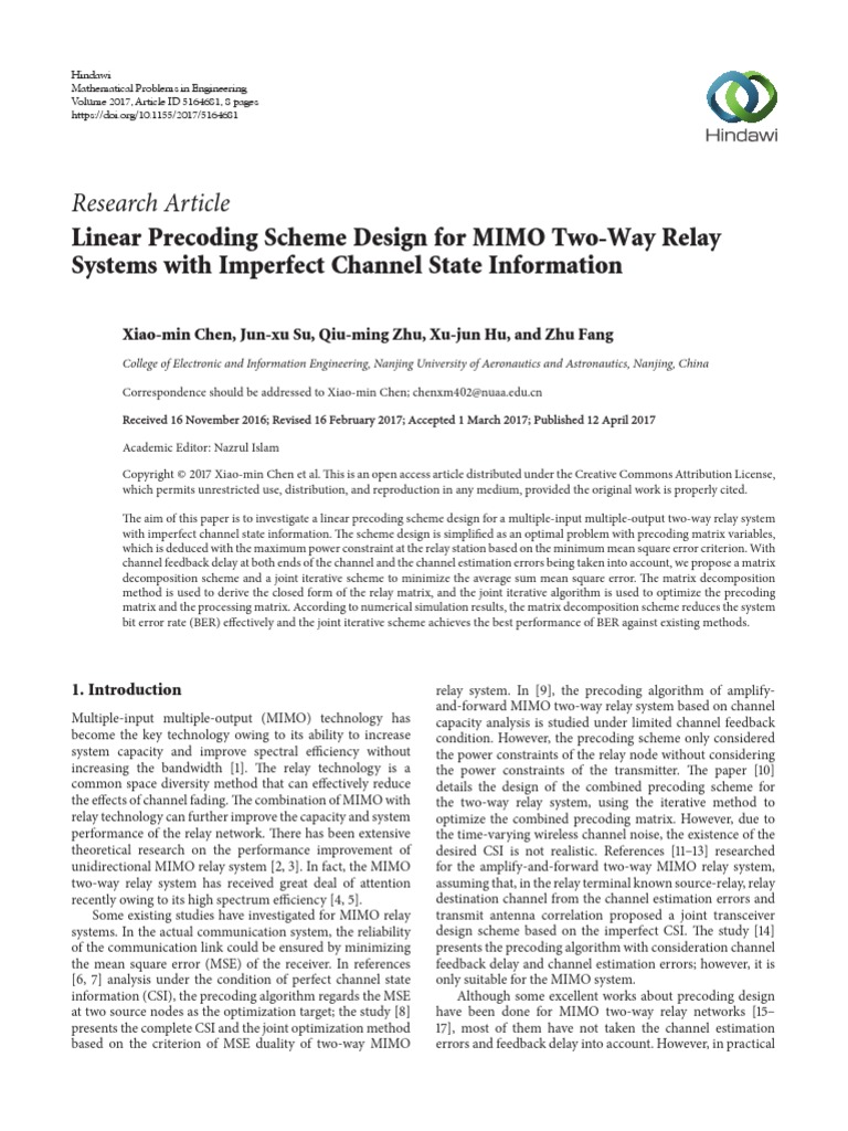 Research Article: Linear Precoding Scheme Design For MIMO Two-Way Relay ...