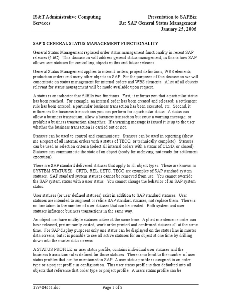 Status Management in SAP PM | PDF | Database Transaction | User (Computing)