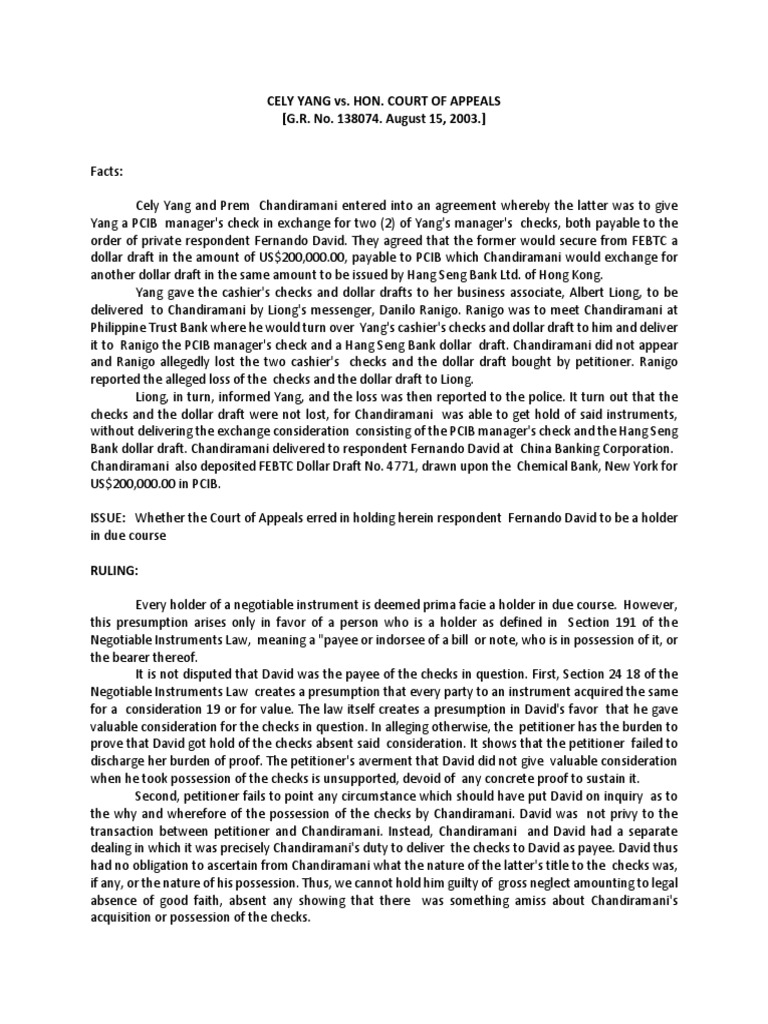 Cely Yang vs. Hon. Court of Appeals (G.R. No. 138074. August 15, 2003 ...
