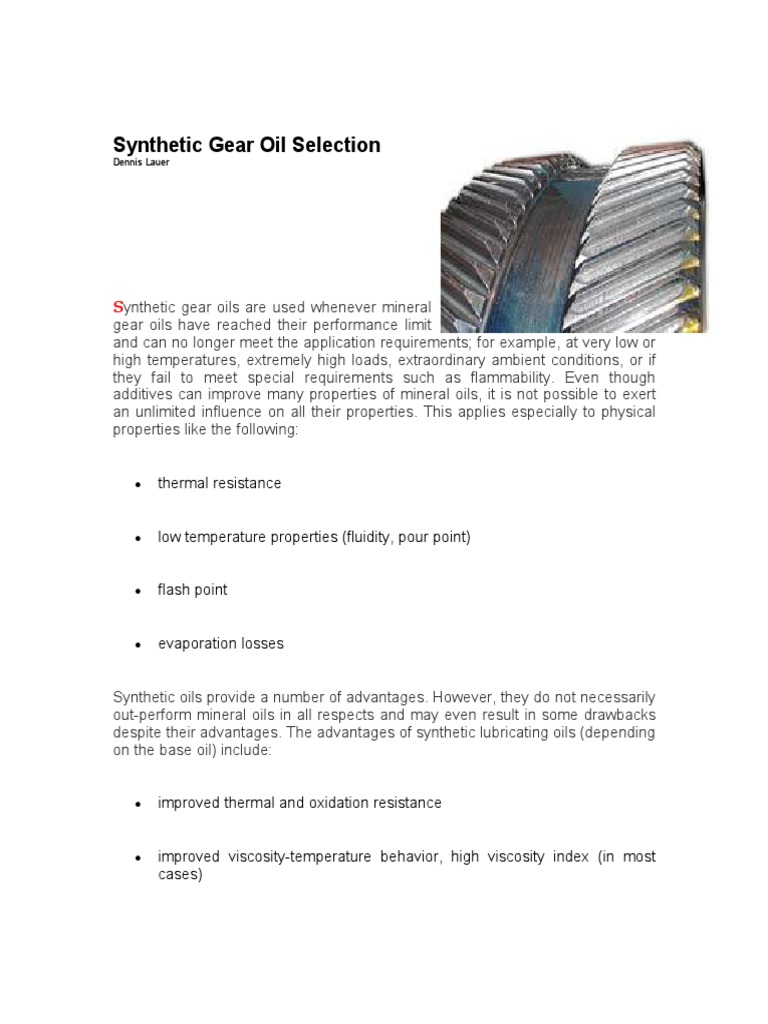 Synthetic Gear Oil Selection | PDF | Motor Oil | Gear