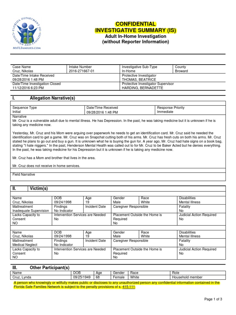 DCF Report On Nikolas Cruz | Download Free PDF | Child Abuse | Clinical ...