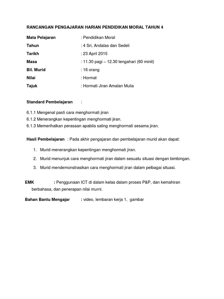 Lesson Plan Moral | PDF