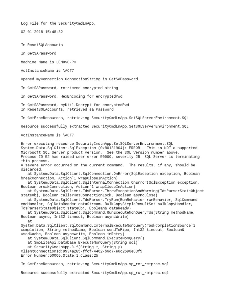 Log File Documenting Security Application Commands and Operations for Resetting SQL Accounts ...