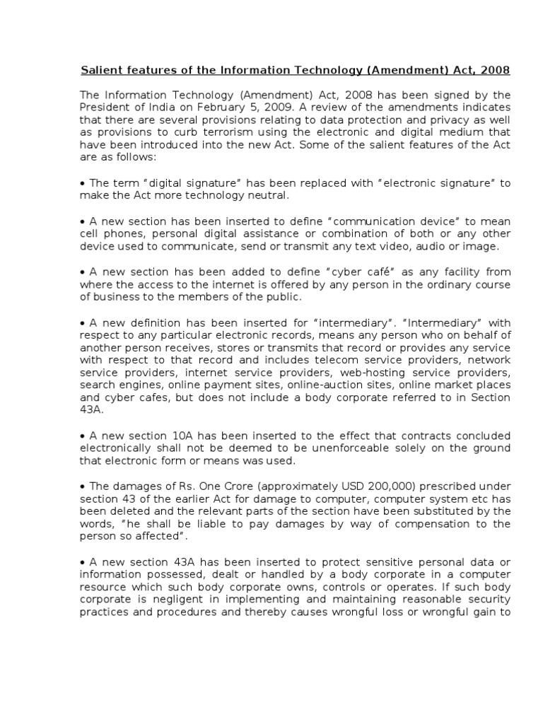 Sailent Features of IT Amendment | PDF | Information Technology | Privacy