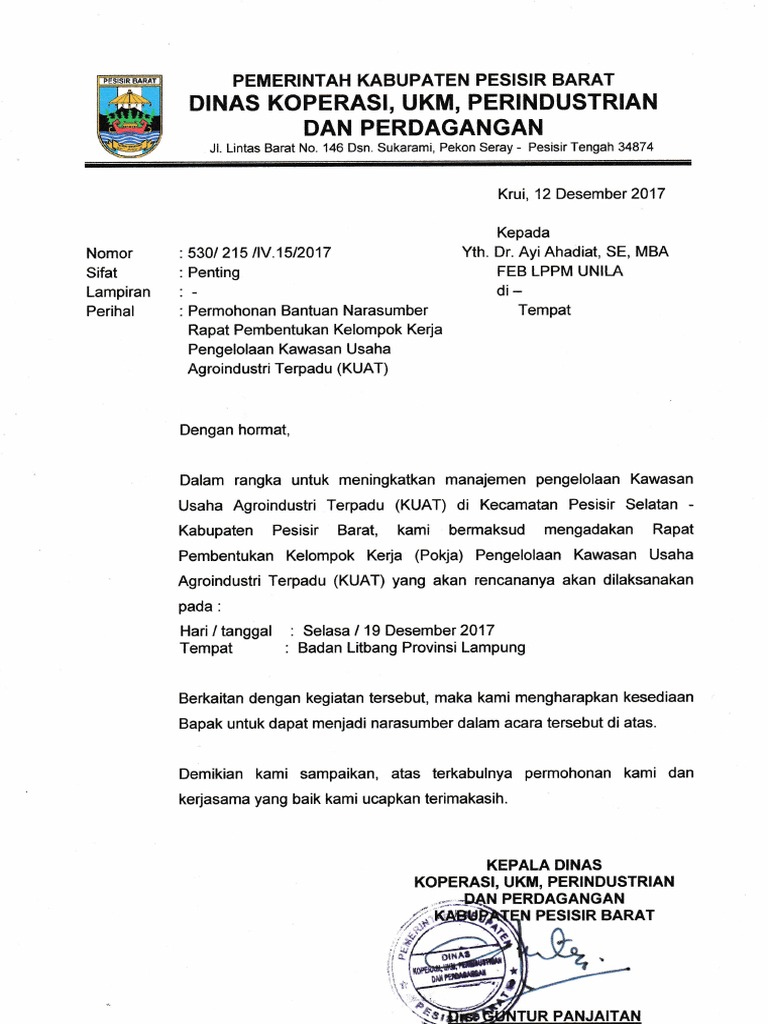 Undangan Narasumber FGD Kawasan Usaha Agroindustri Terpadu (KUAT) | PDF
