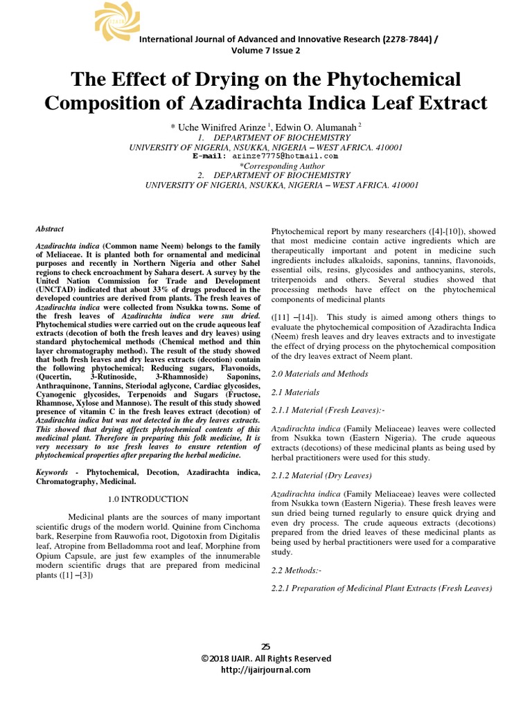 The Effect Of Drying On The Phytochemical Composition Of Azadirachta