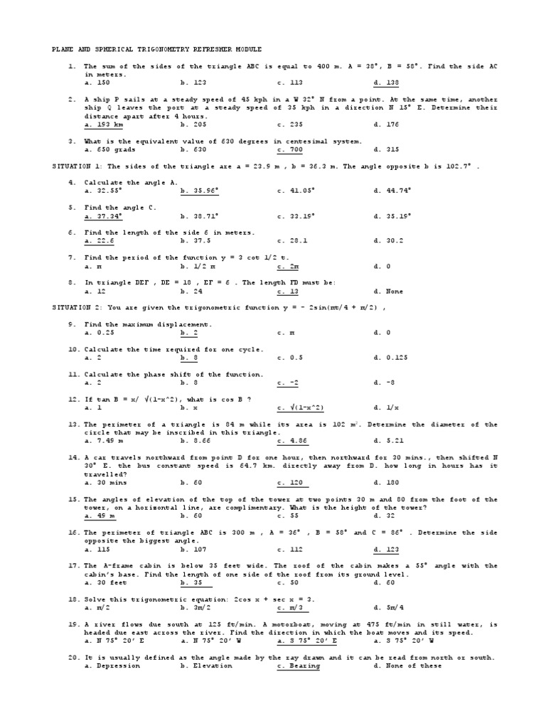 Plane and Spherical Trigonometry Refresher Module | PDF | Trigonometric ...
