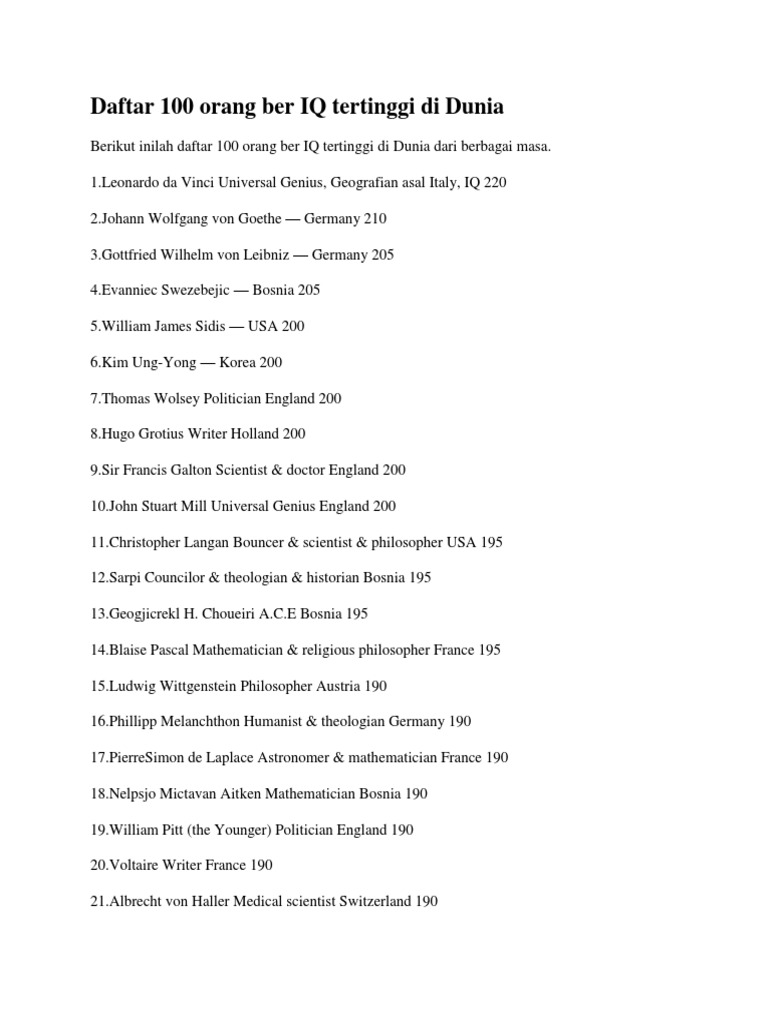 Daftar 100 Orang Ber IQ Tertinggi Di Dunia | PDF