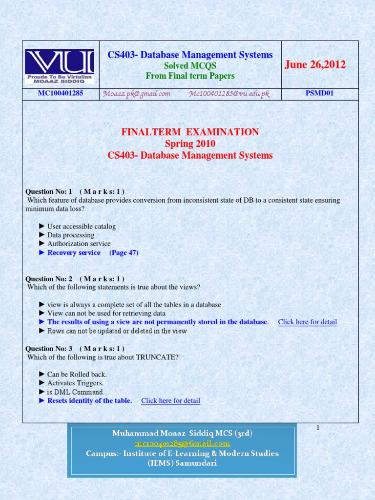 Cs403-Finalterm Solved Mcqs With References by Moaaz | PDF | Relational Database | Database Index