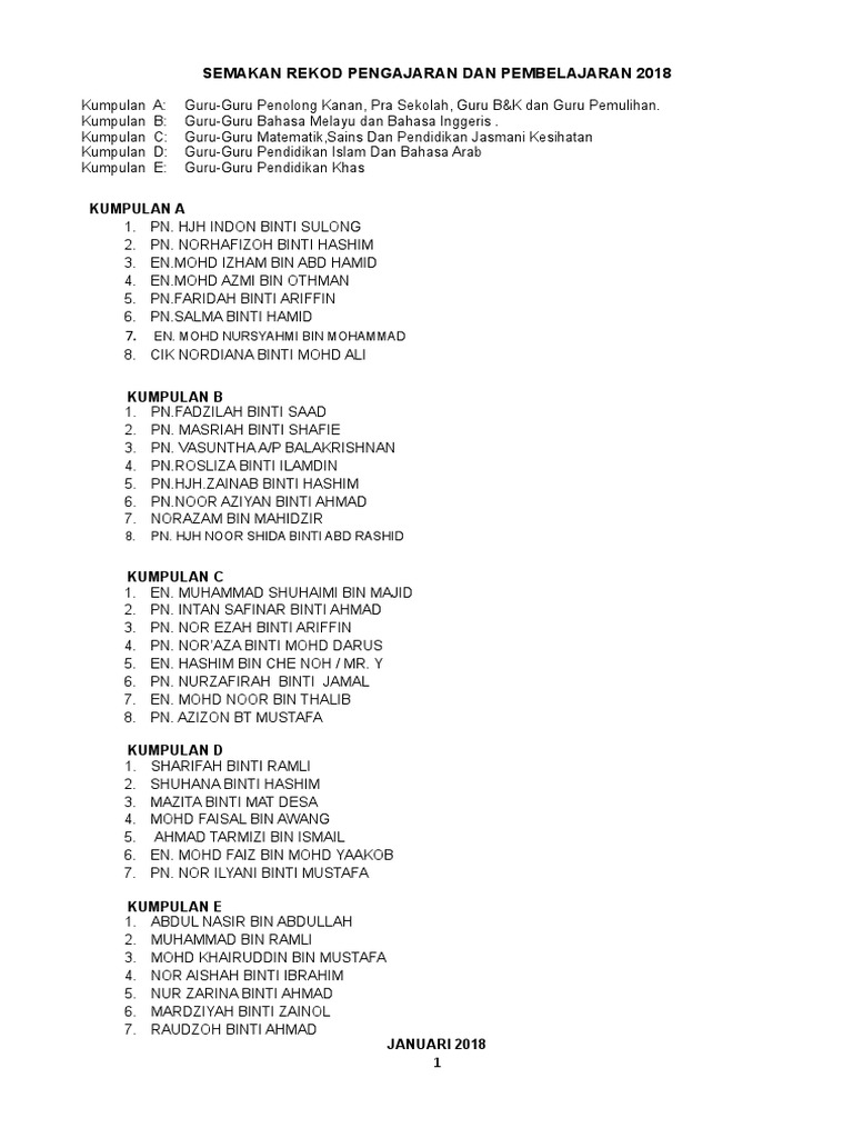 Semakan Rekod Pengajaran Dan Pembelajaran 2018 | PDF