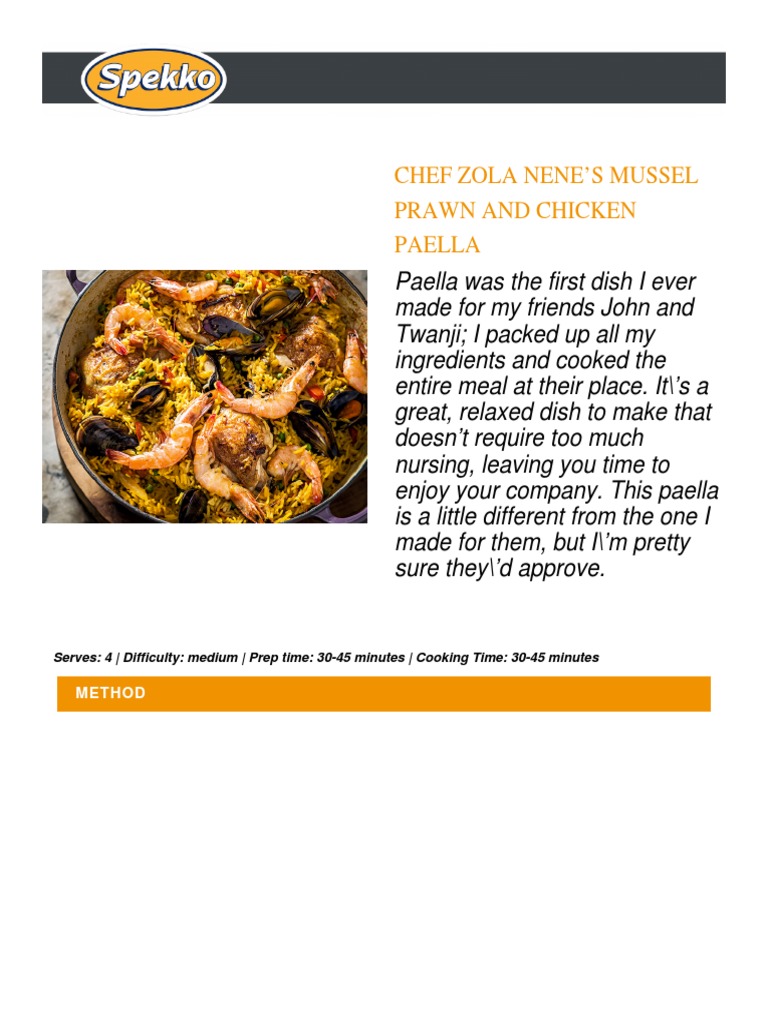 Chef Zola Nene’ S Mussel Prawn and Chicken Paella | PDF | Cooking | Cuisine