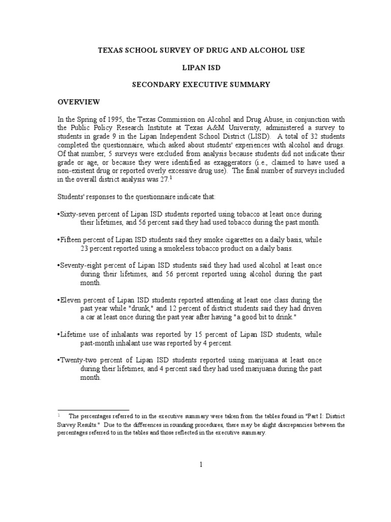 Lipan Isd - 1995 TEXAS SCHOOL SURVEY OF DRUG AND ALCOHOL USE | PDF ...