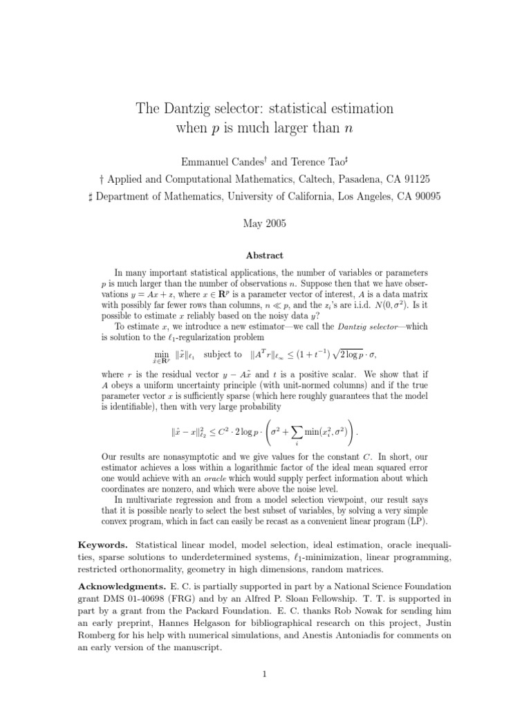 Dantzig Selector | PDF | Matrix (Mathematics) | Estimator Dantzig Selector | PDF | Matrix (Mathematics) | Estimator