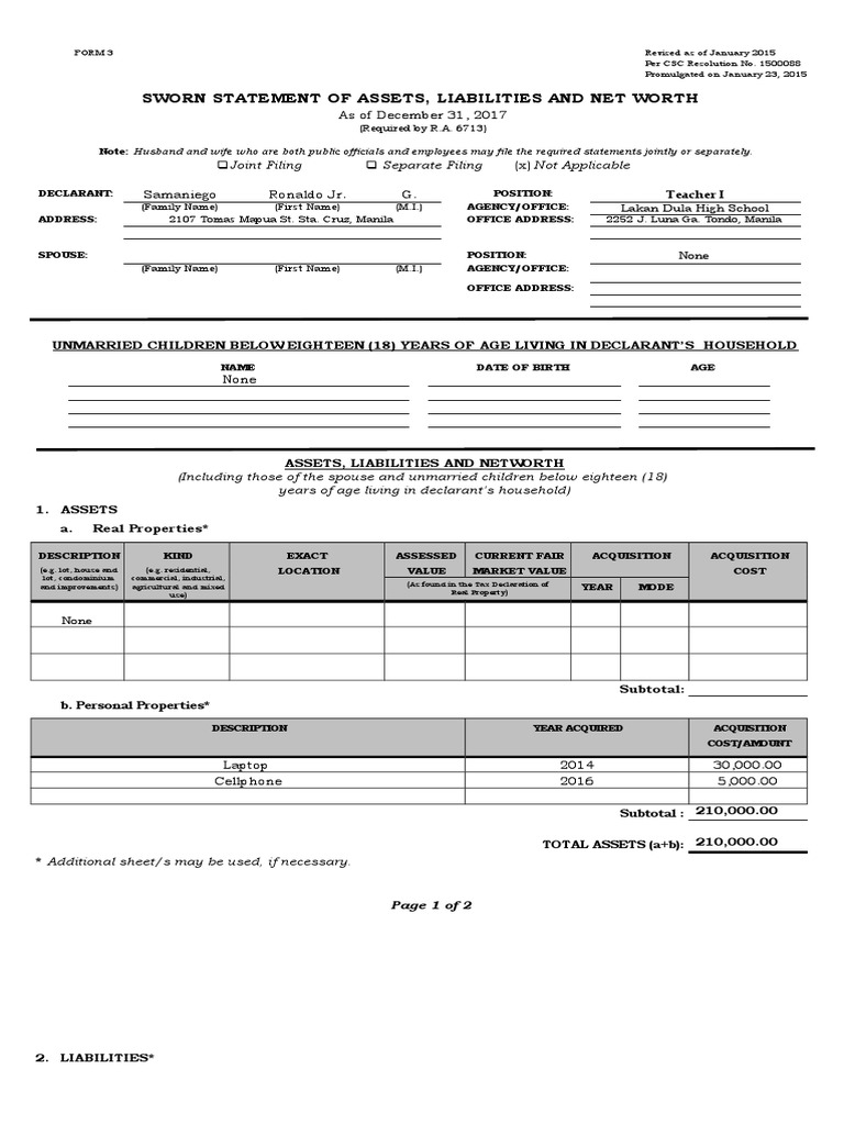 Sworn Statement Of Assets, Liabilities And Net Worth | Net Worth ...