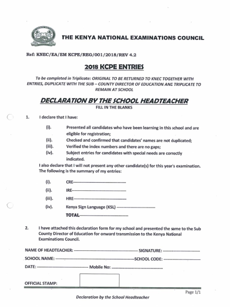 2018 Kcpe Entries, Declaration by School Headteacher