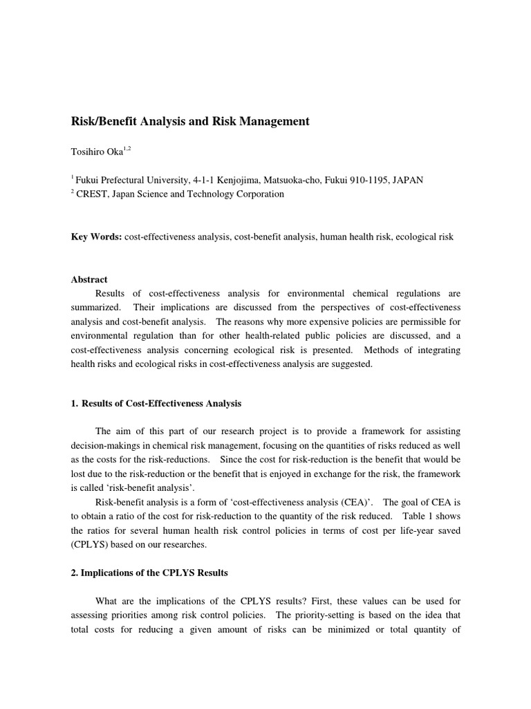 Risk-Benefit Analysis and Risk Management | Cost Effectiveness Analysis ...