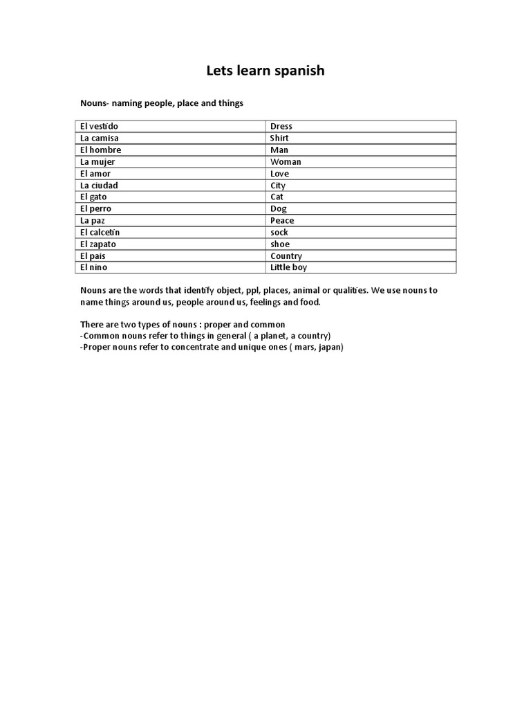 Lets Learn Spanish: Nouns-Naming People, Place and Things | PDF ...