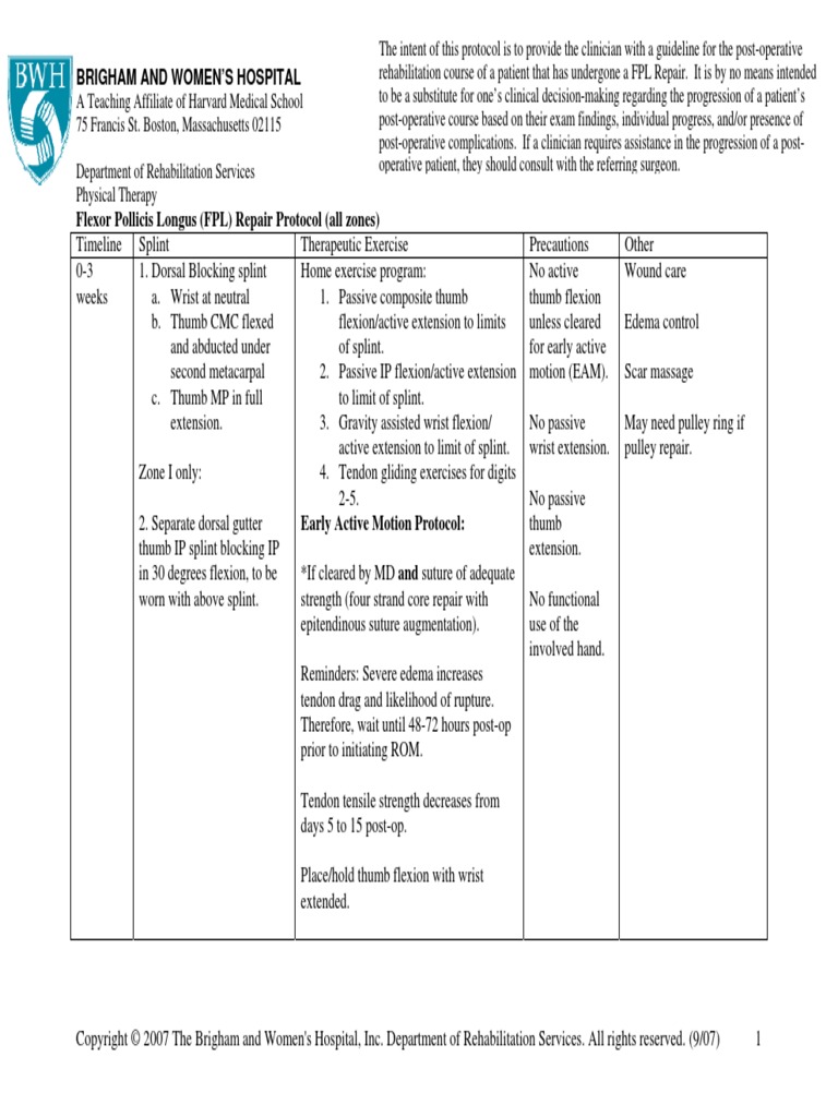 Hand FPL Repair PT Protocol | PDF | Thumb | Physical Therapy