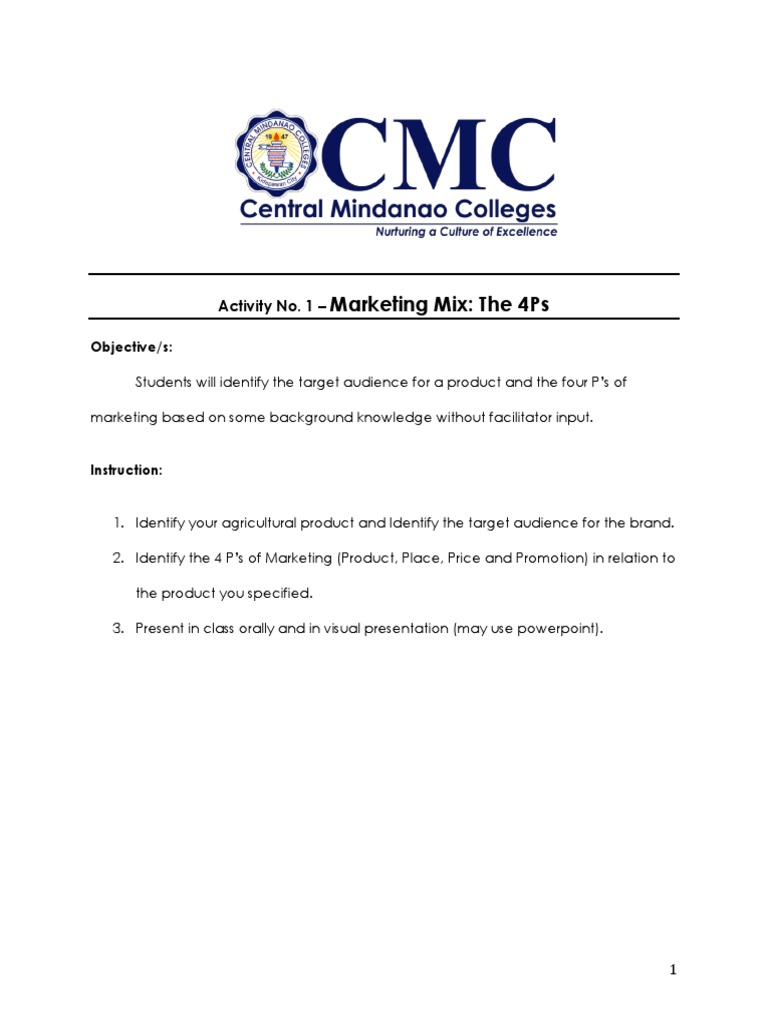 Marketing Mix: The 4Ps: Activity No. 1 | PDF