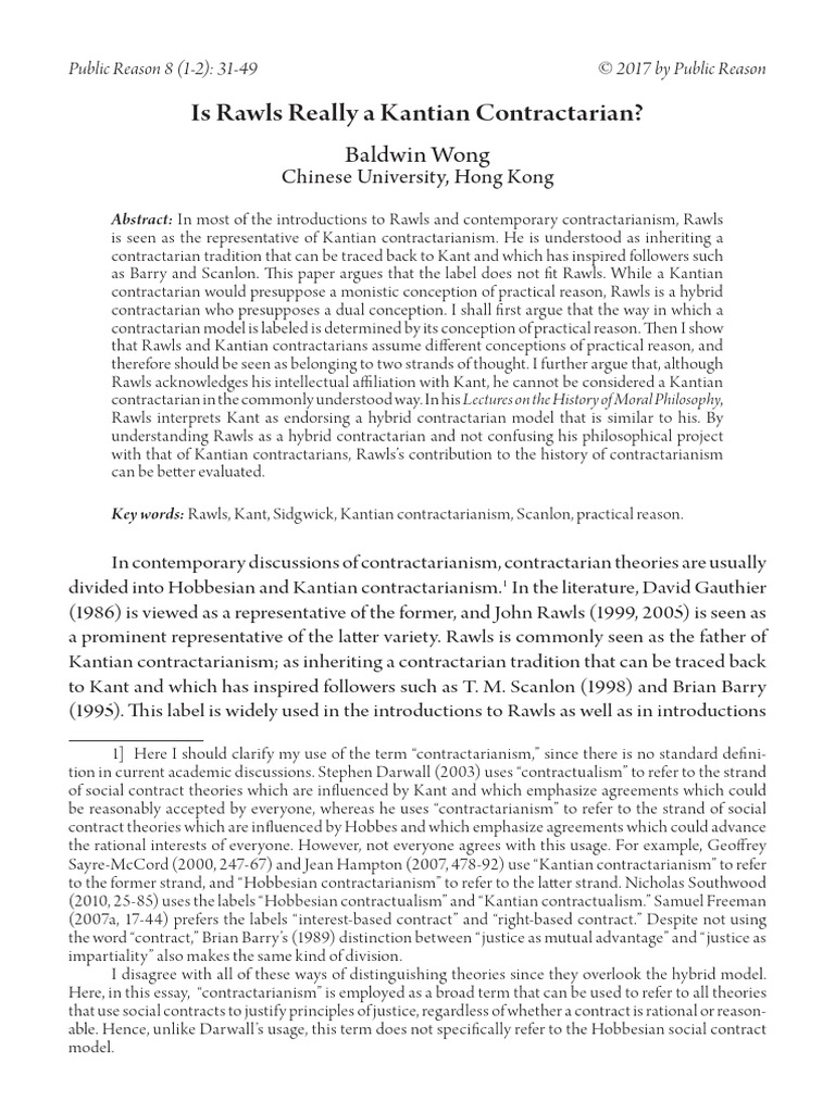 Is Rawls Really A Kantian Contractarian | PDF | John Rawls | Reason