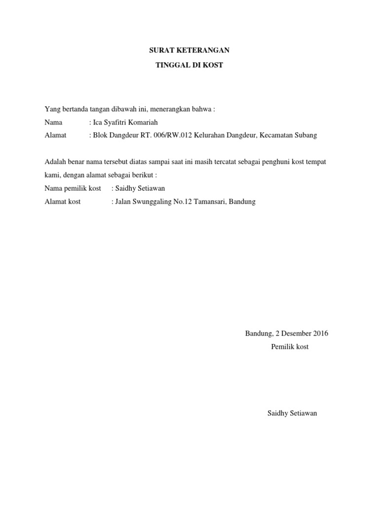 Surat Keterangan Kost | PDF