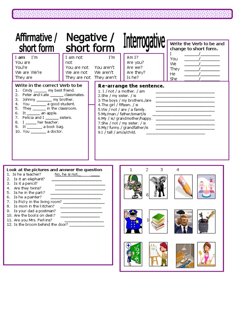 Re-Arrange The Sentence.: Write The Verb To Be and Change To Short Form ...