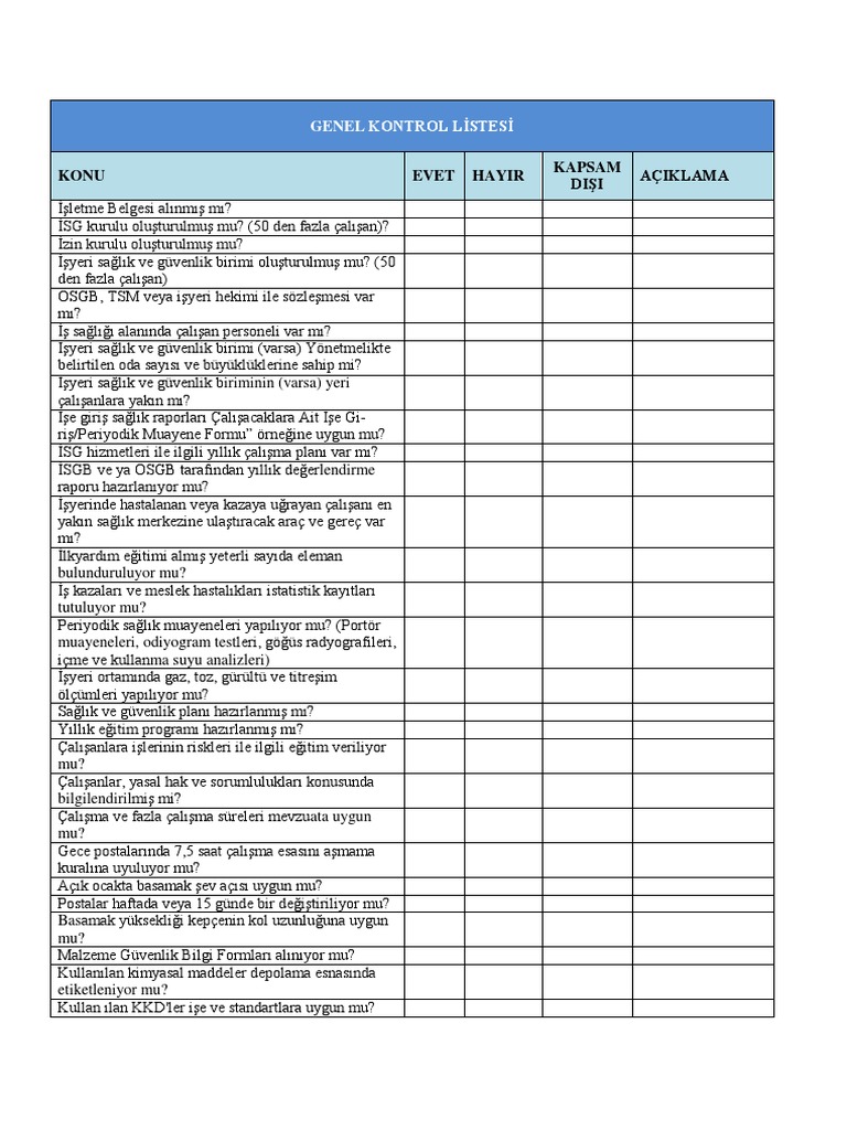 Genel Kontrol Li̇stesi̇ | PDF