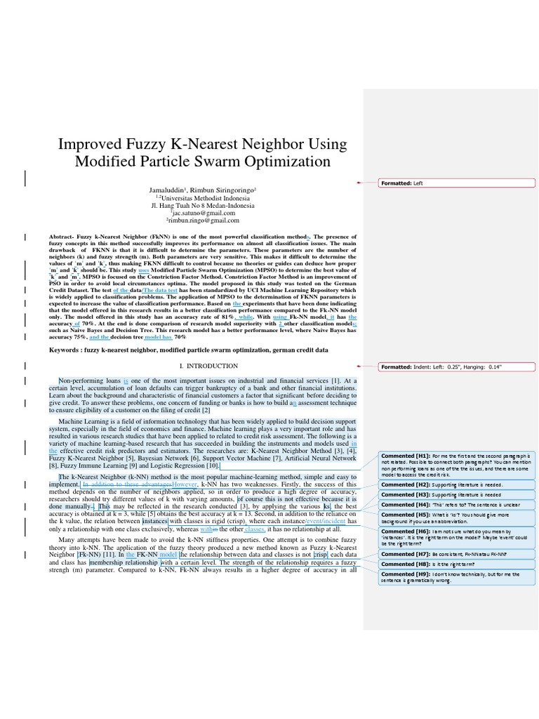 Improved Fuzzy K-Nearest Neighbor Using Modified Particle Swarm Optimization | PDF ...