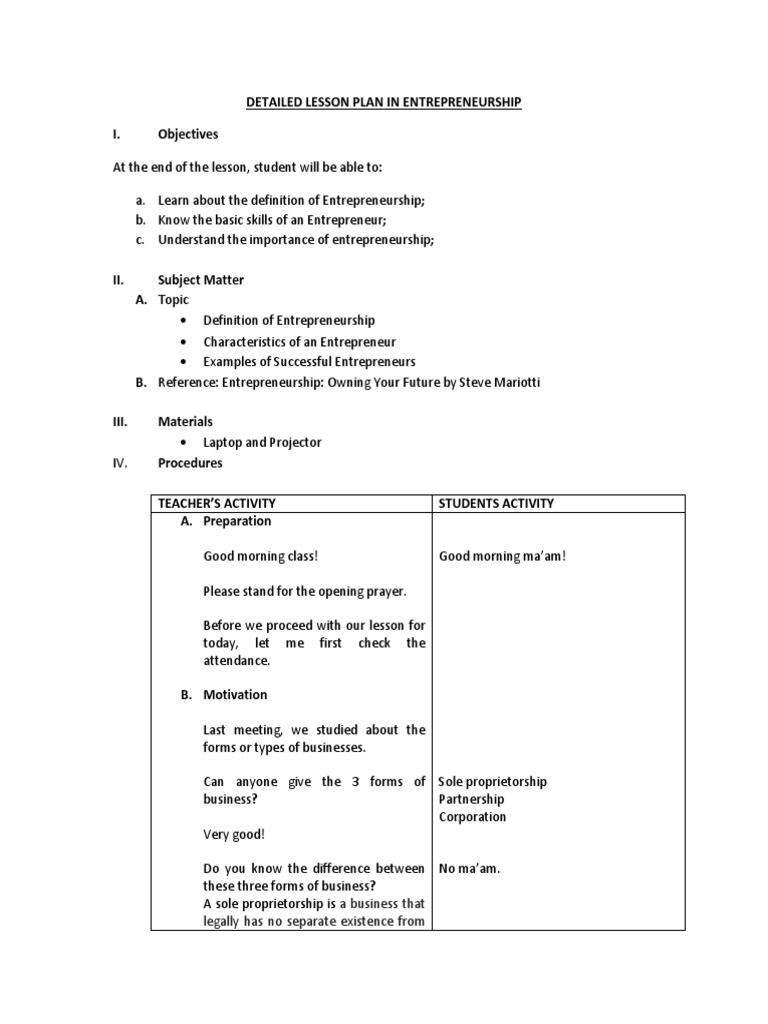 Detailed Lesson Plan in Entrepreneurship I. Objectives: A Business That ...