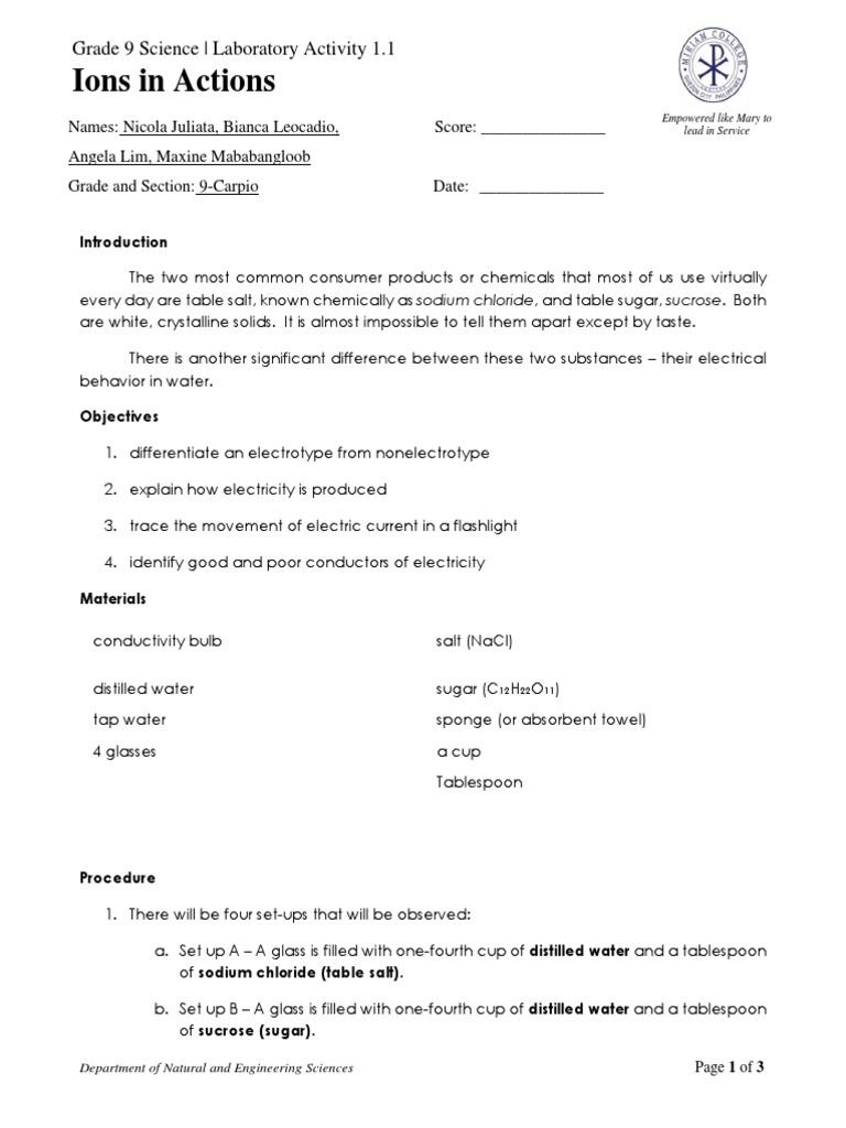 Ions in Actions: Grade 9 Science - Laboratory Activity 1.1 | PDF ...