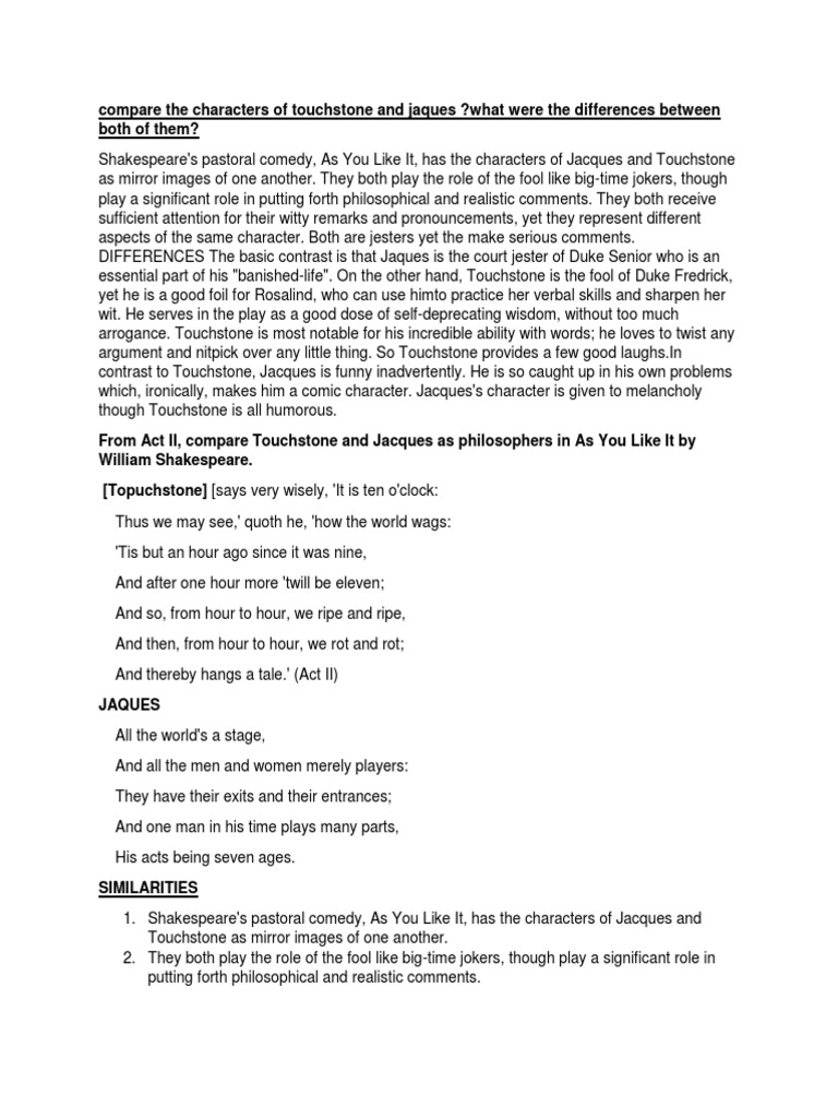 Compare The Characters of Touchstone and Jaques | PDF | As You Like It