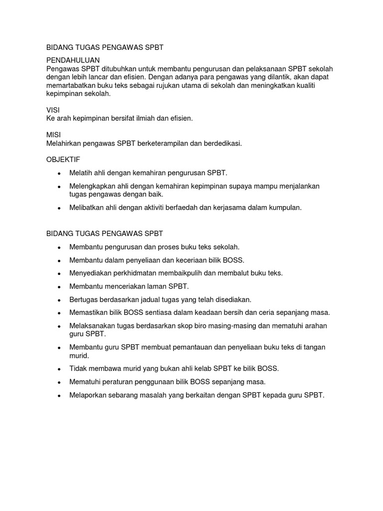 Bidang Tugas Pengawas SPBT | PDF