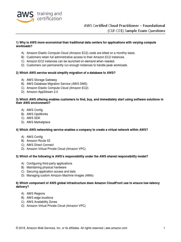 AWS Certified Cloud Practitioner - Foundational (CLF-C01) Sample Exam Questions | PDF | Amazon ...