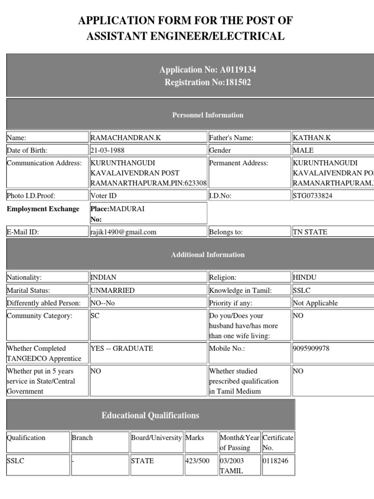 Application Form For The Post of Assistant Engineer/Electrical | PDF ...