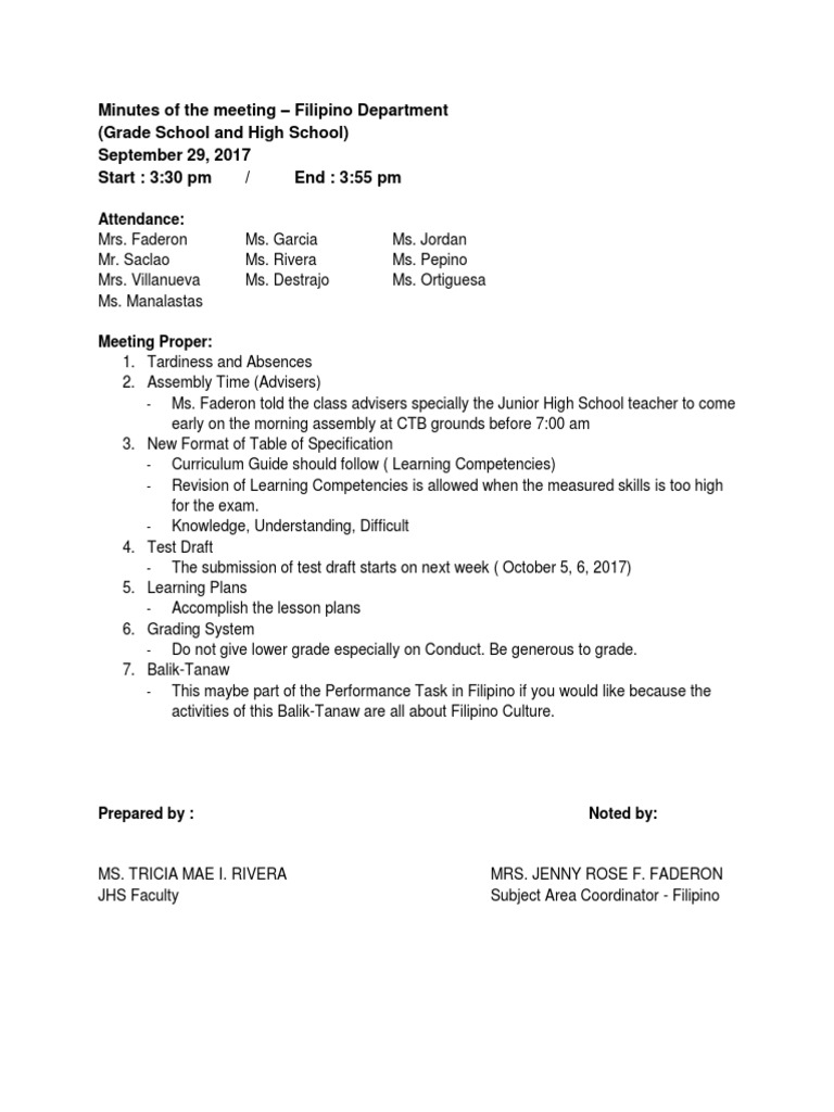 Minutes of The Meeting - Filipino Department (Grade School and High ...