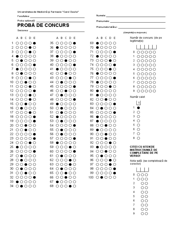 Barem Simulare Admitere Medicină București - 2016 (Varianta 1) PDF | PDF