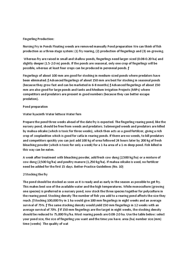 Fingerling Production | PDF | Aquaculture | Pond