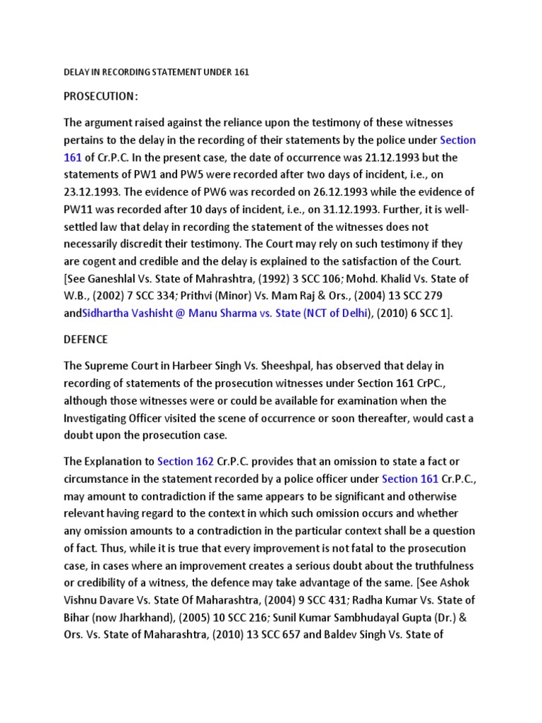 Impact of Delay in 161 Statement Recording | PDF | Witness | Testimony