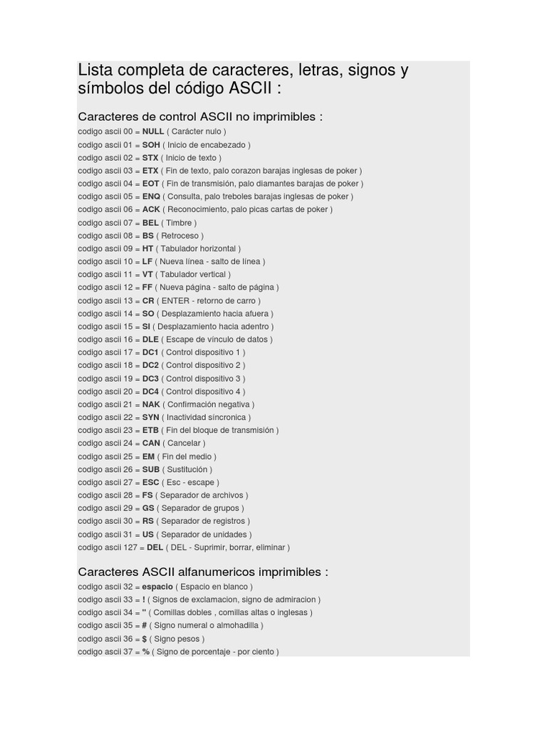 Lista Completa de Caracteres | PDF | Periférico | Teclado