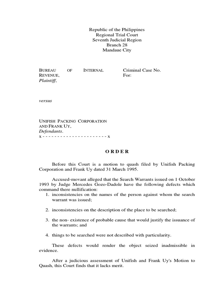 Order Denying Motion To Quash | PDF | Search And Seizure | Search Warrant