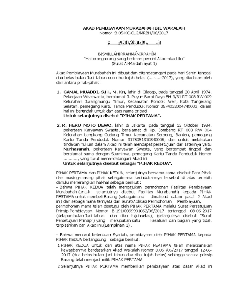 Contoh Akad Pembiayaan Murabahah | PDF | Politik | Hukum