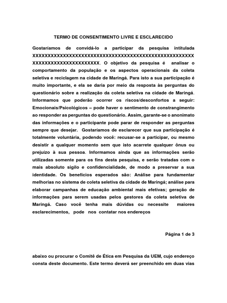 Modelo - Termo de Consentimento Livre e Esclarecido | PDF