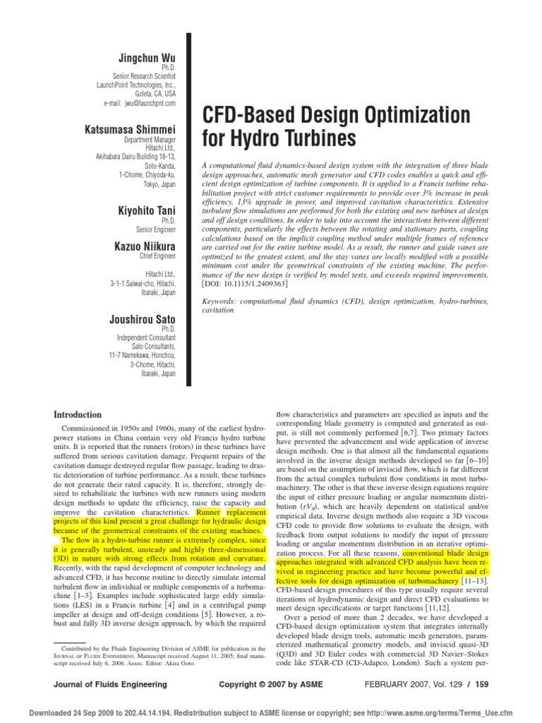 Wu (2007) - CFD - Based Design Optimization For Hydro Turbines | PDF | Turbine | Computational ...