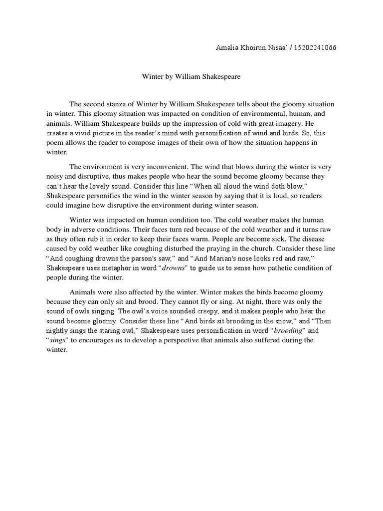 Winter Poem by William Shakespeare Interpretation | PDF