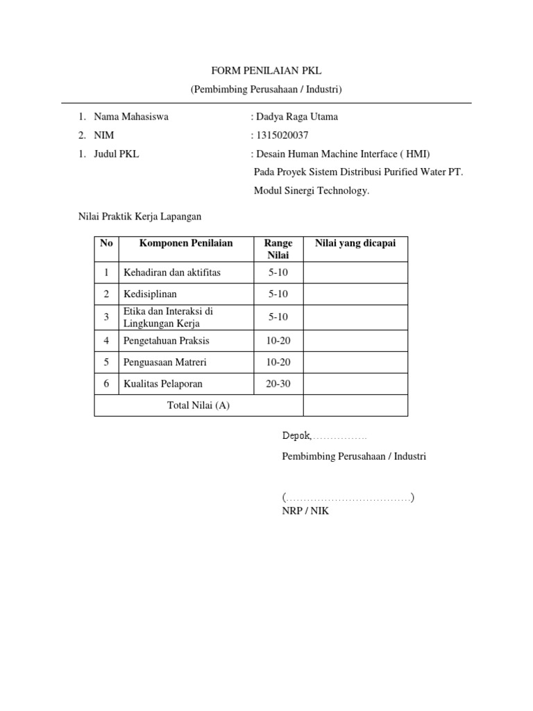 Form Penilaian PKL | PDF