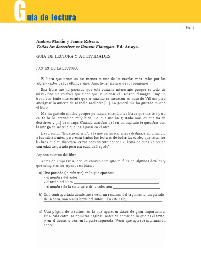 Guía de lectura: Flanagan Detective | PDF | Lectura (proceso) | Novelas