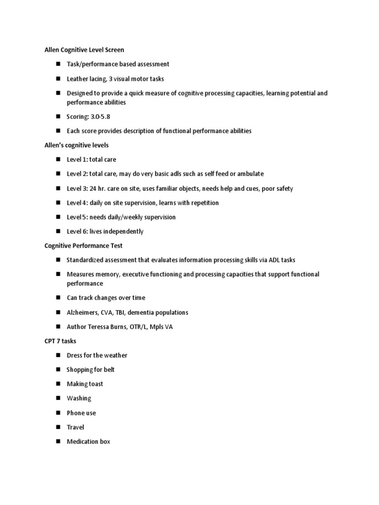 Allen Cognitive Level Screen | PDF | Mental Processes | Clinical Psychology